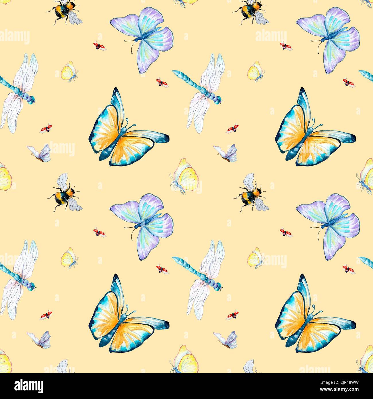 Grassland insects watercolor illustration seamless pattern on white ...
