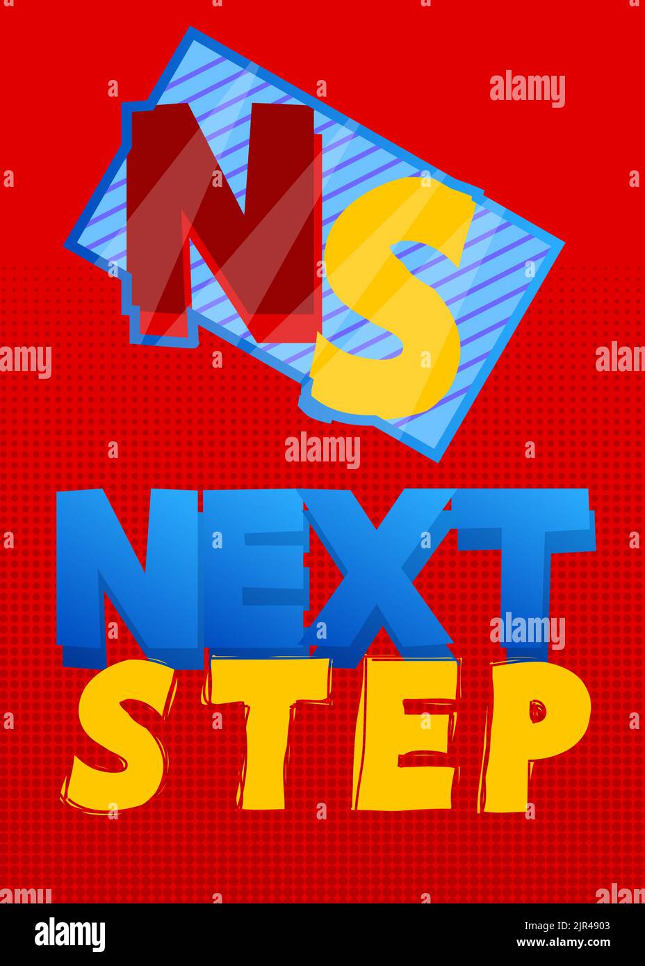 Superhero coat of arms showing Next Step icon. Colorful comic book ...