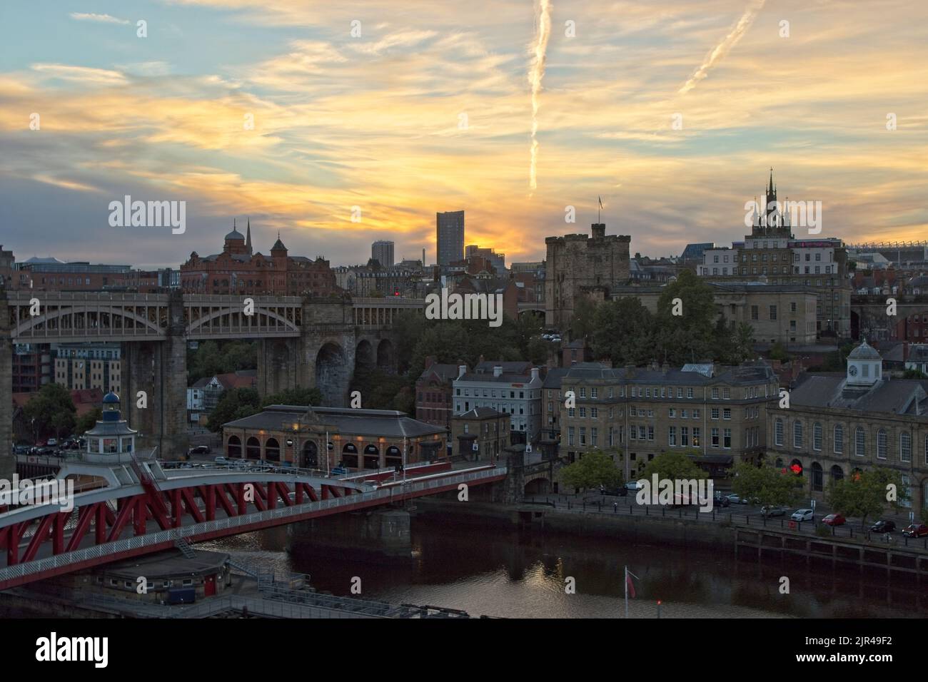 Newcastle upon Tyne's famous Quayside captured at sunset on an August ...