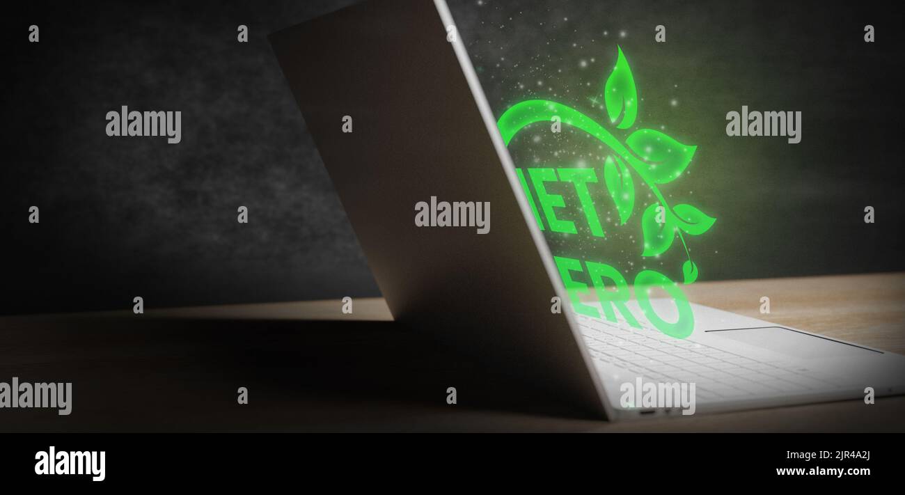 Net Zero leaf icon glowing like a hologram in laptop 3D Render Stock ...