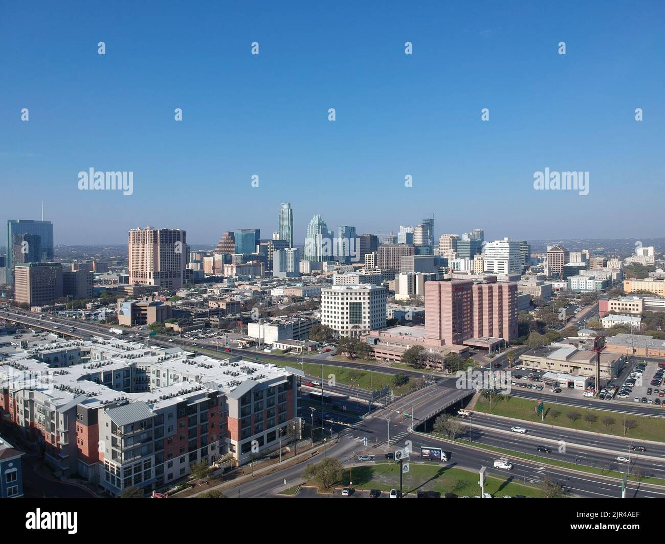 A beautiful aerial view of high-rise buildings and skyscrapers in ...