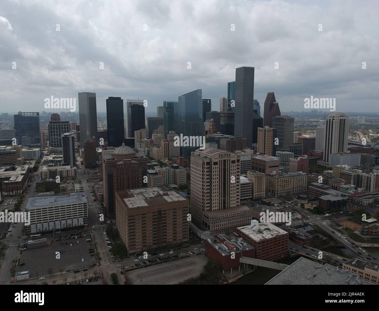 A beautiful aerial view of high-rise buildings and skyscrapers on a ...