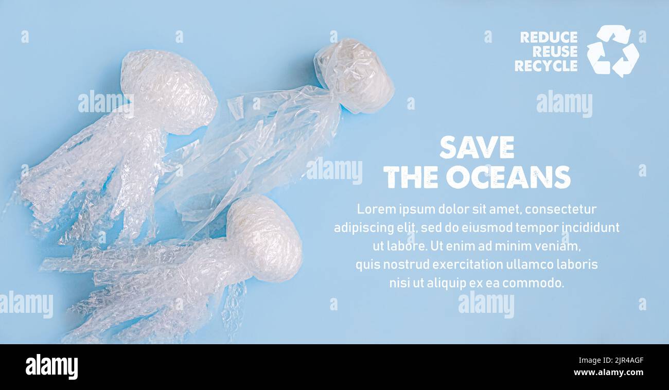 Sea and ocean life from waste. Jellyfishes out of plastic waste on blue ...
