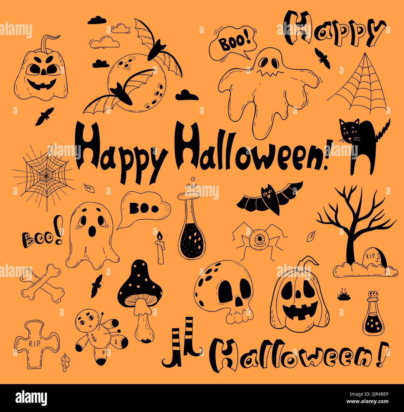 Clipart Happy Halloween. Jack pumpkin, ghost, bat and moon, black cat and web, grave, skull ...