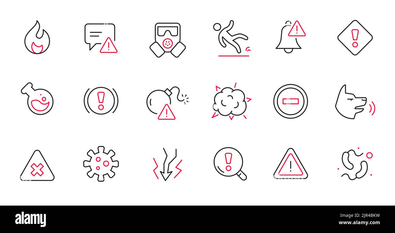 Danger biohazard line icon set. Fire danger, toxic, chemical radiation ...