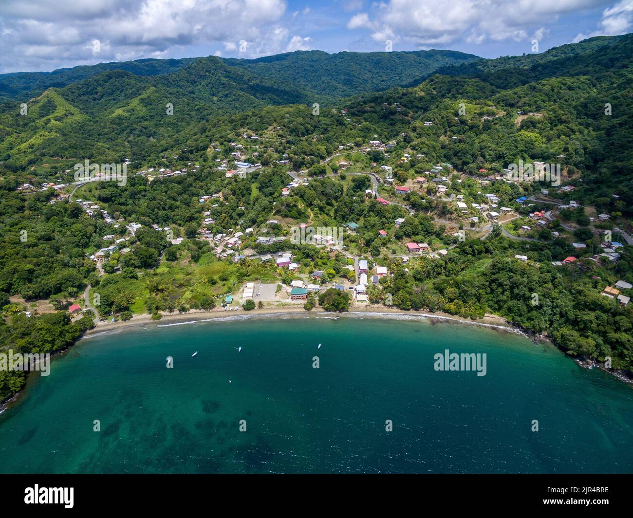 Fishing village Delaford in North-East Tobago with fishing boats and ...