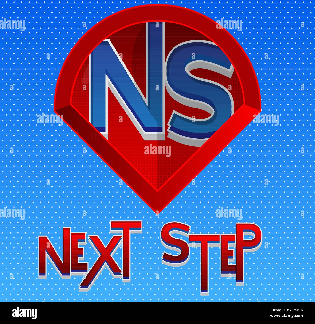 Superhero coat of arms showing Next Step icon. Colorful comic book ...