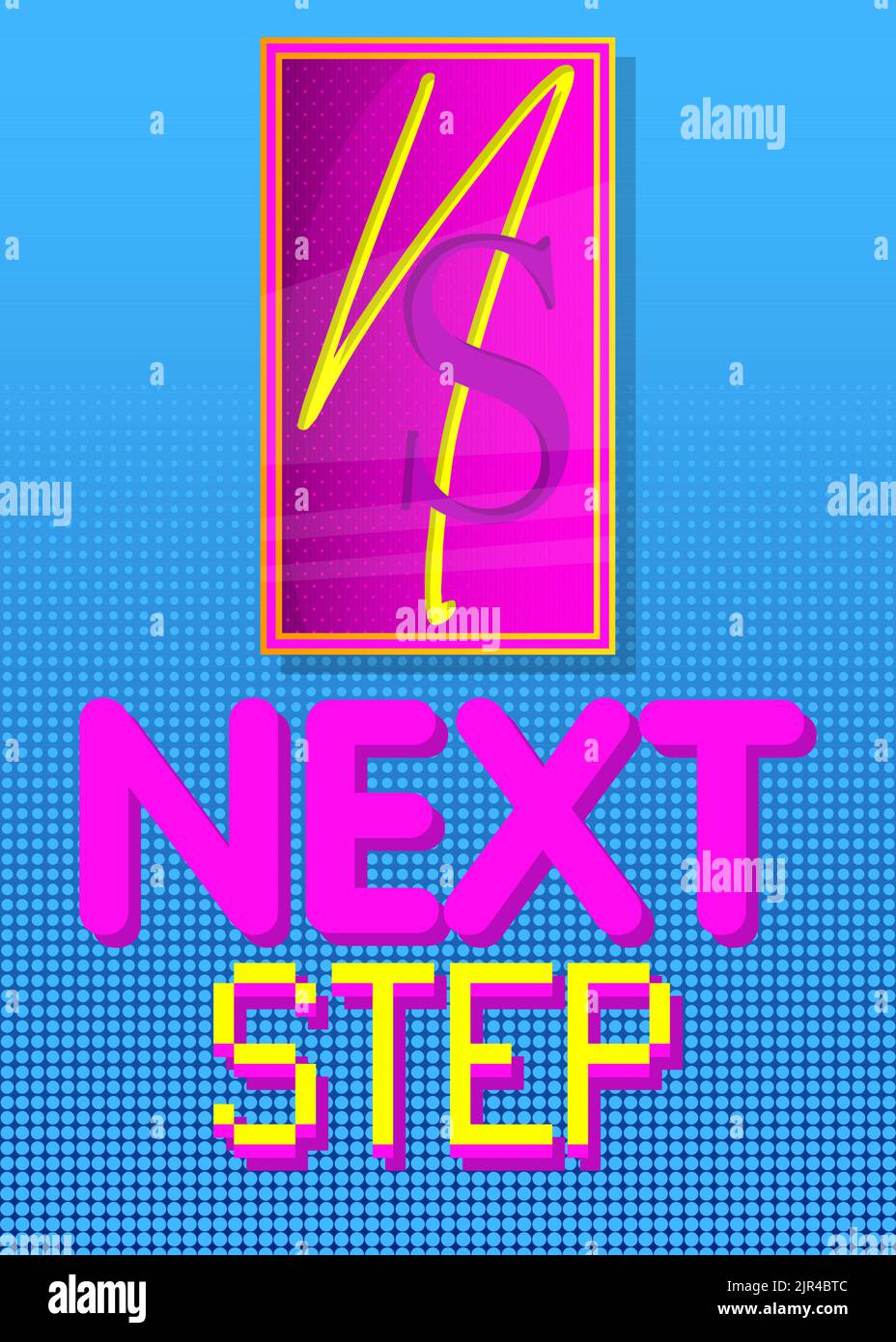 Superhero coat of arms showing Next Step icon. Colorful comic book ...