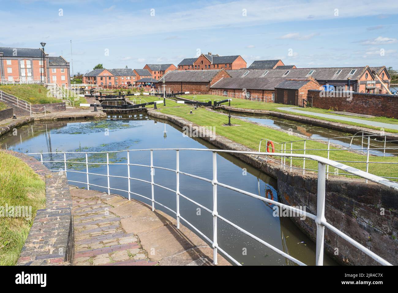 Looking down on Ellemere Port canal seen in Cheshire in August 2022 ...