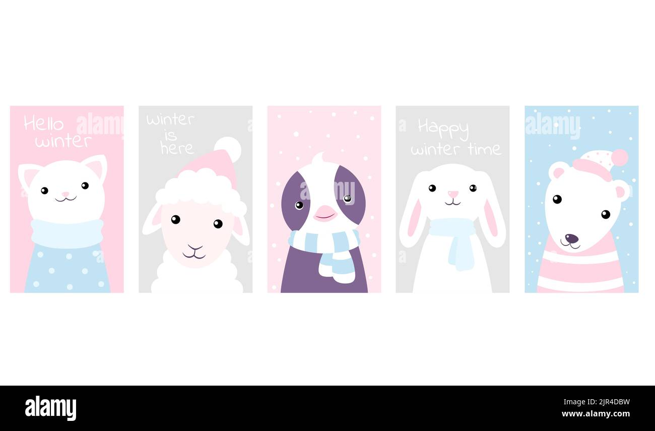 Set of Christmas card or poster with cute baby animal. Set of sticker ...