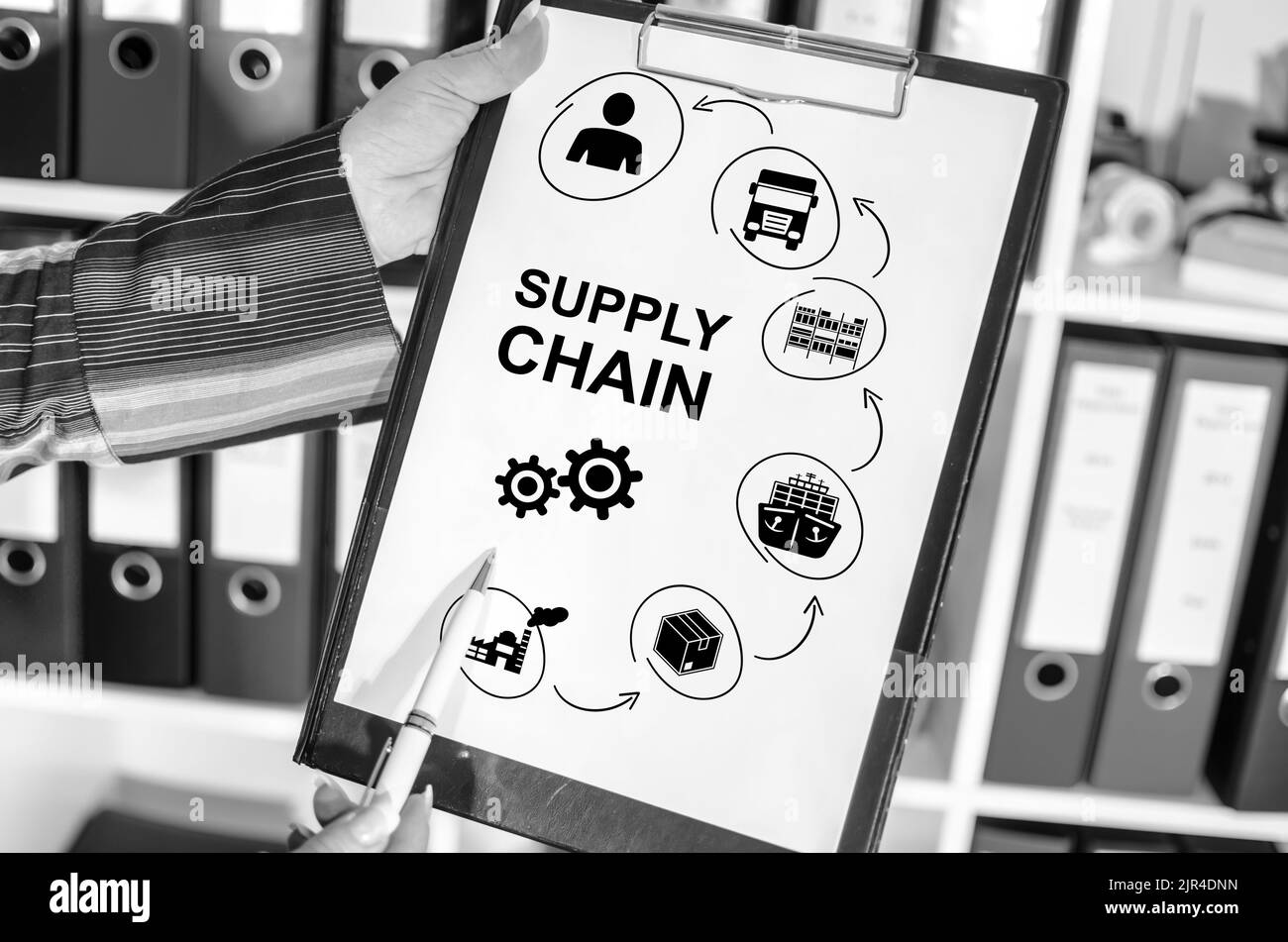 Woman holding a clipboard with supply chain concept Stock Photo - Alamy