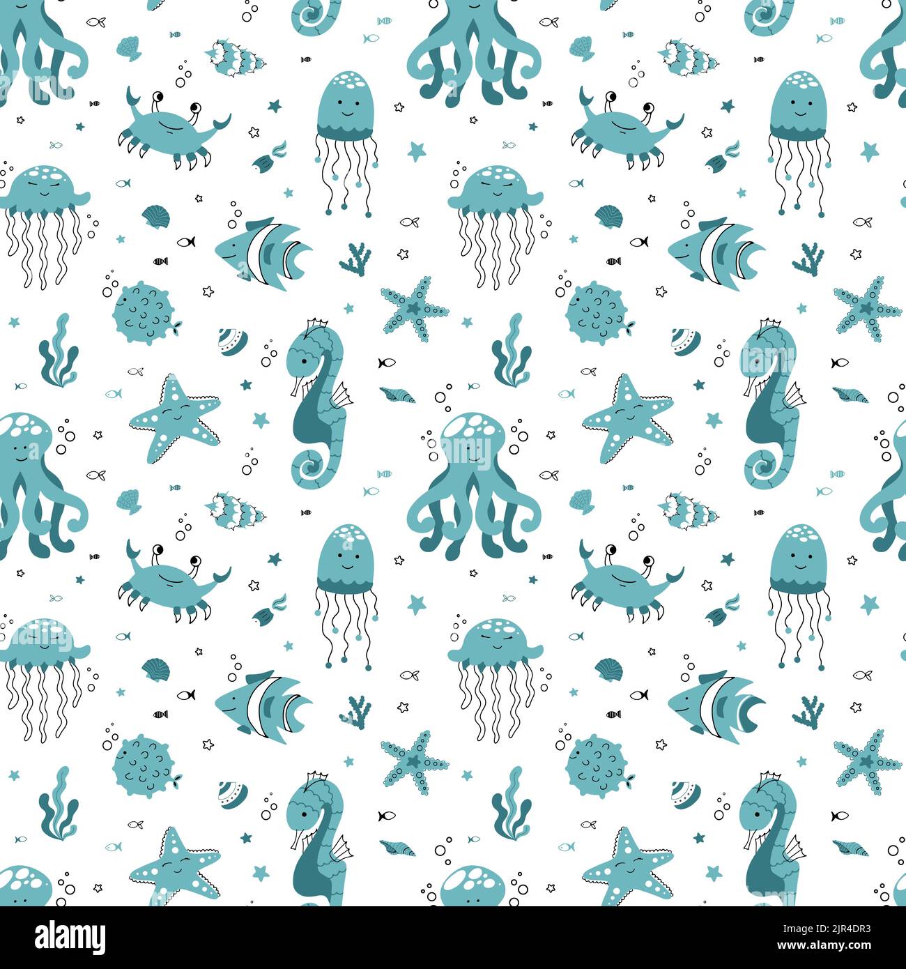 Cute seamless pattern nautical theme. Ocean and sea life background for ...