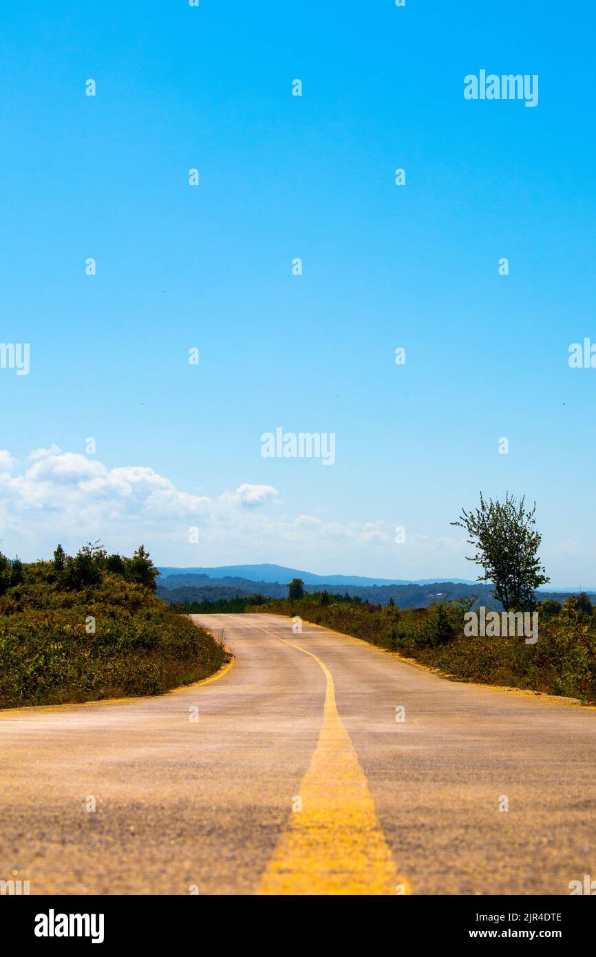 Road between forest and countryside. way view from ground level. Blue ...