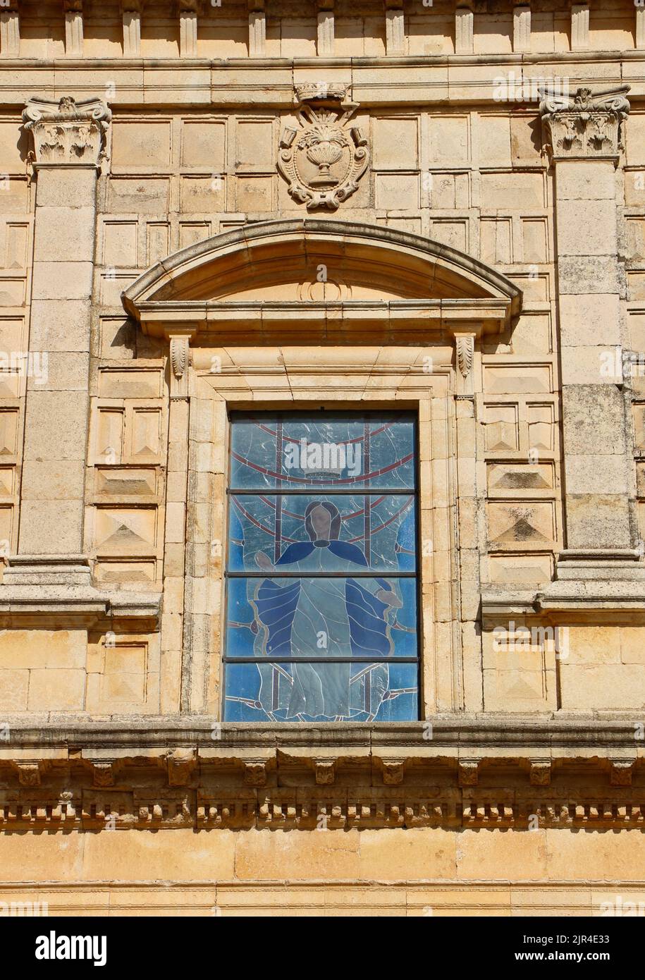 Stained glass window on the facade of the 16th century Church of ...