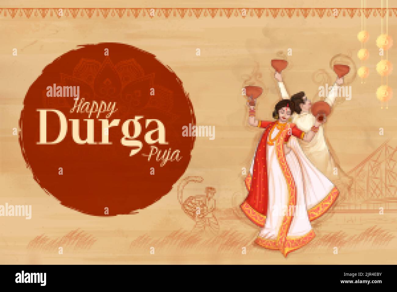 illustration of lady performing Dhunchi dance in Happy Durga Puja Subh ...