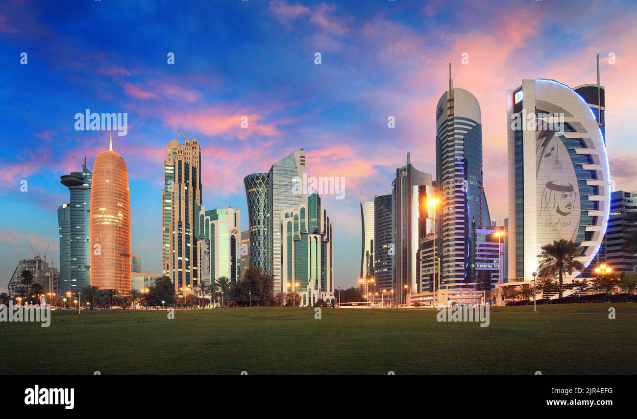 The skyline of Doha, Qatar before sunset Stock Photo - Alamy