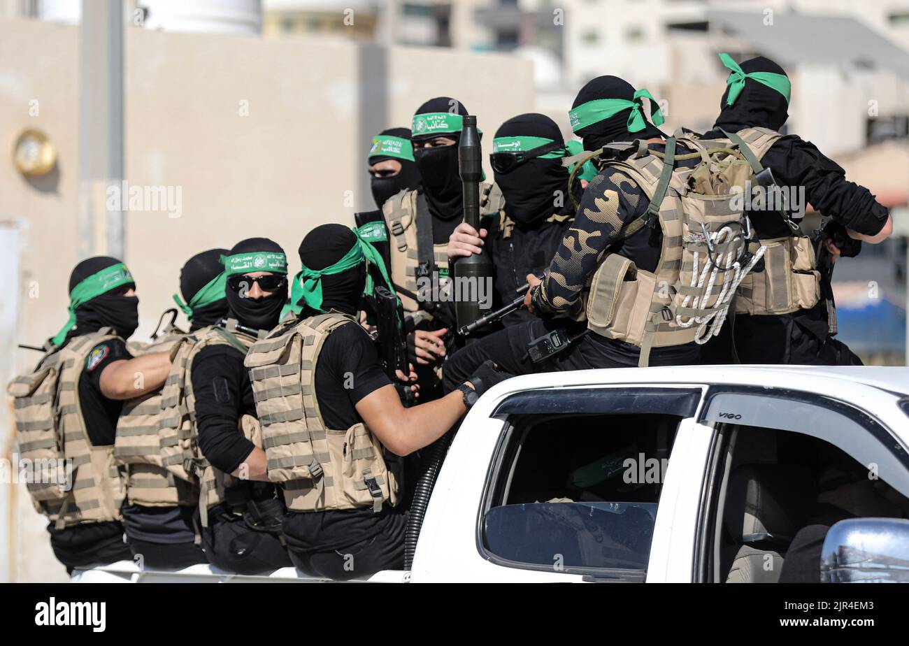 Gunmen from the Izz al-Din al-Qassam Brigades, the military wing of ...
