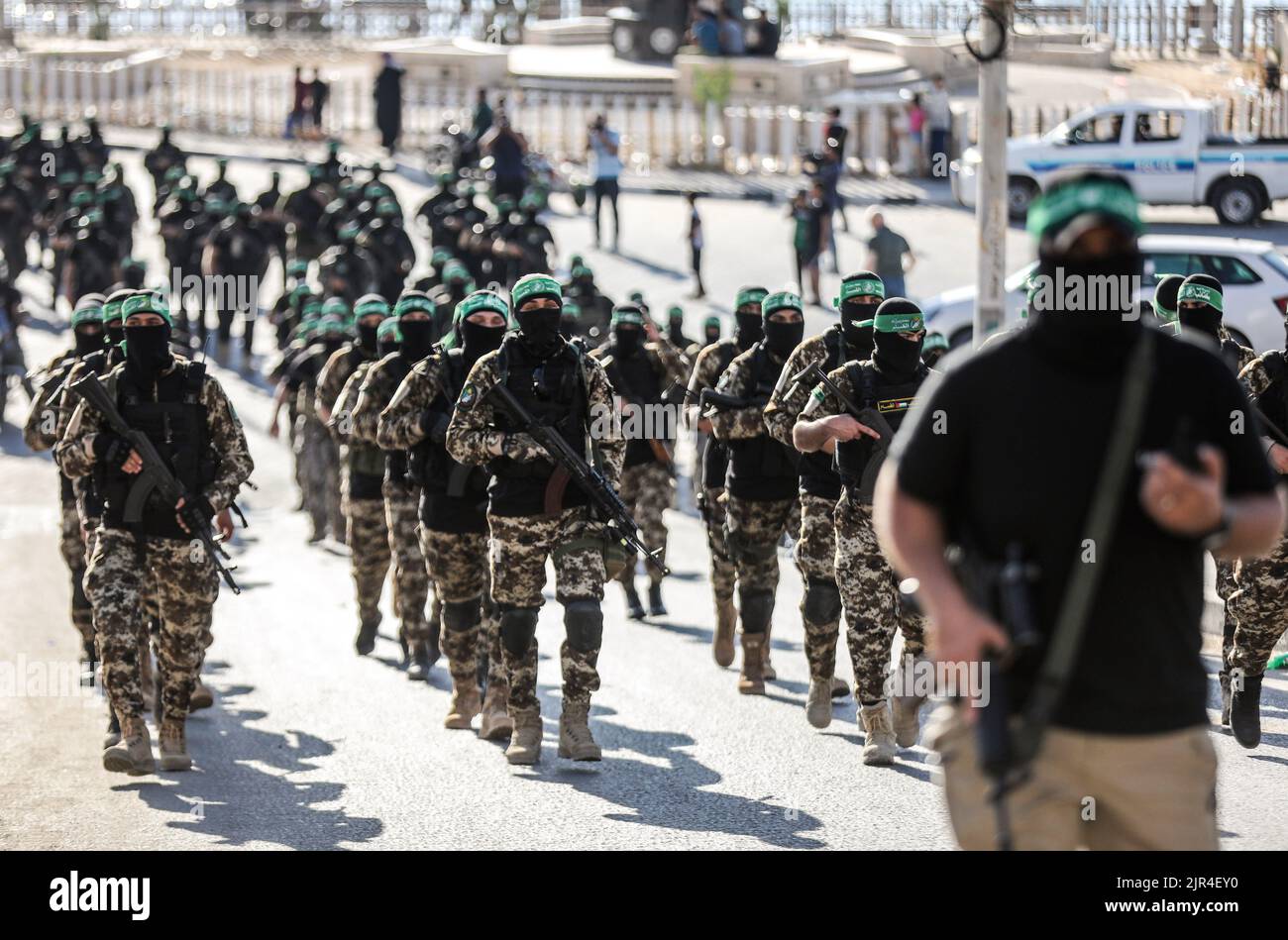 Gunmen from the Izz al-Din al-Qassam Brigades, the military wing of ...