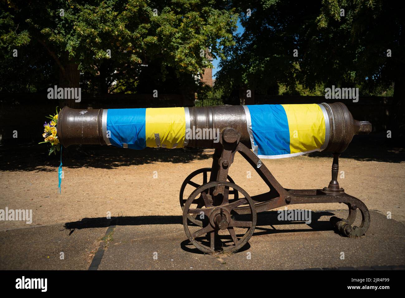 Old captured Russian cannon in front of Ely Cathedral decorated in ...