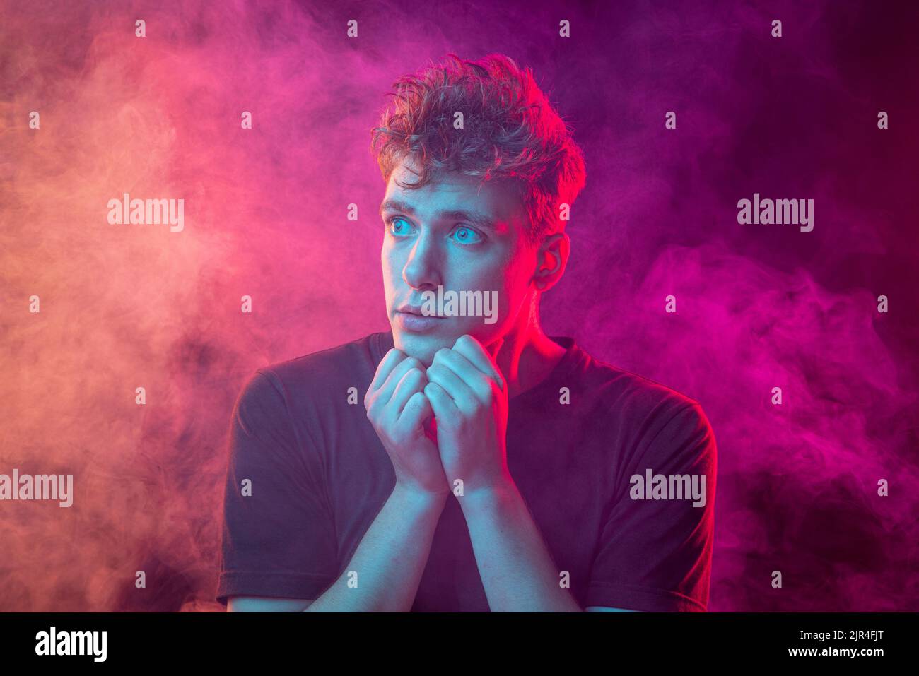 Childhood fear. Scared, stressed young man with different emotions ...