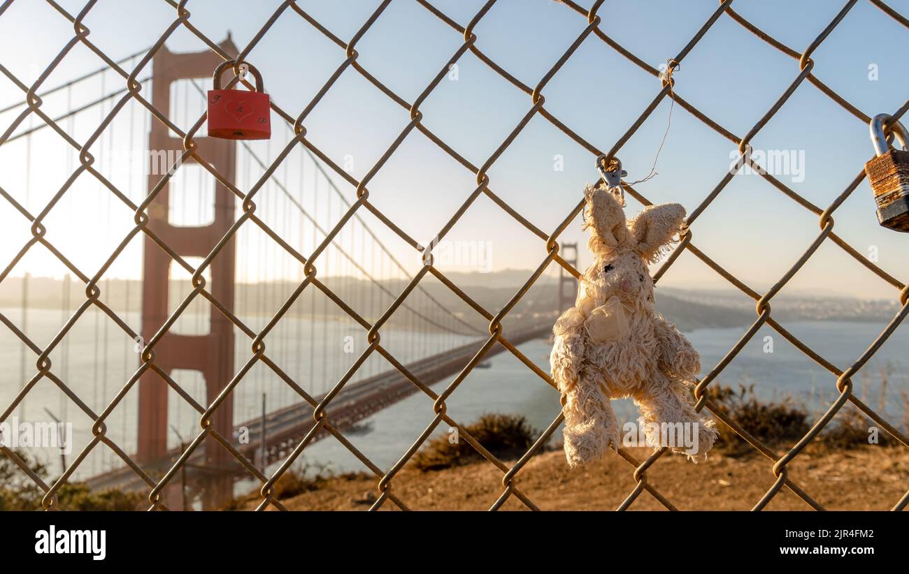Soft toy rabbit tied to a chain-link fence Stock Photo - Alamy