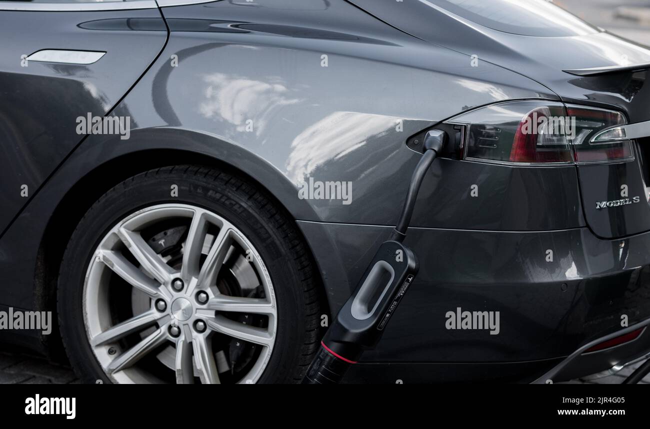 Minsk, Belarus, August 2022 - electric car of type Tesla Model S with ...