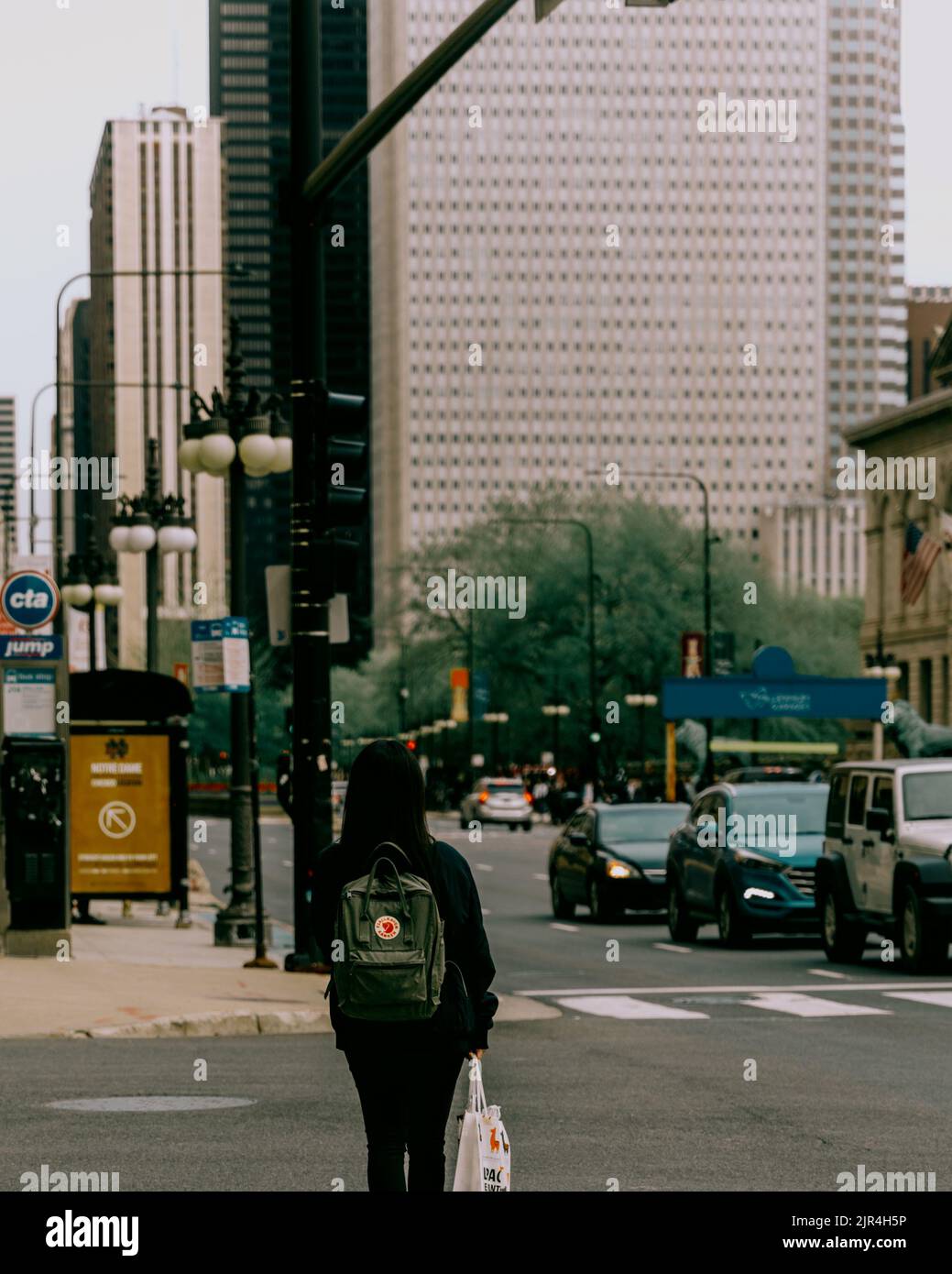 A vertical shot of an Asian girl seen from behind with a backpack ...