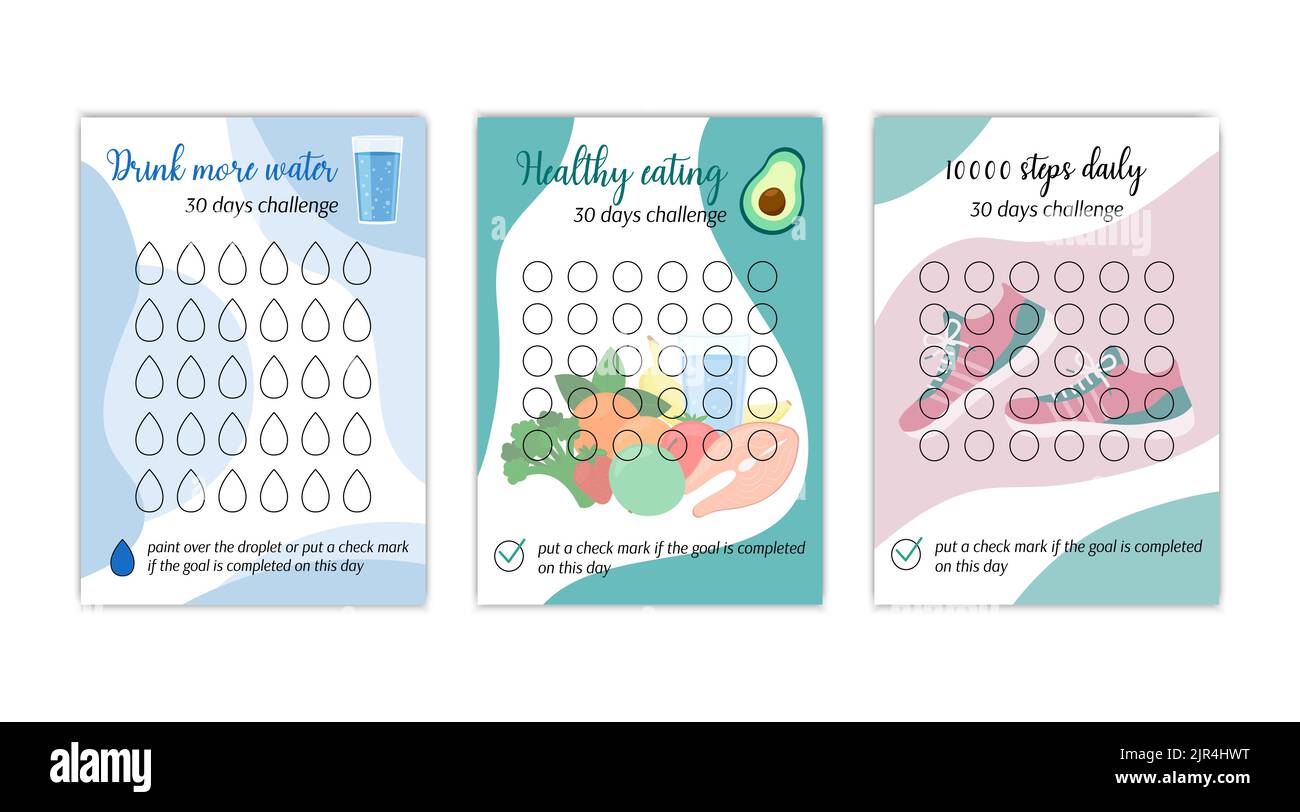 Healthy lifestyle habits tracker templates set. Drink water, healthy ... Healthy lifestyle habits tracker templates set. Drink water, healthy ...