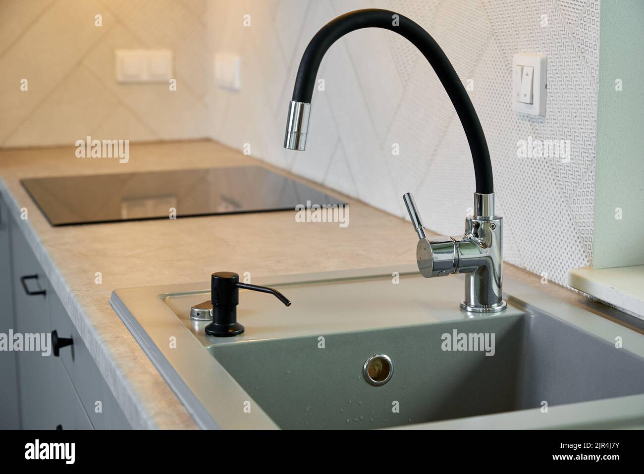 Modern kitchen with sink, Empty kitchen background with wooden ...