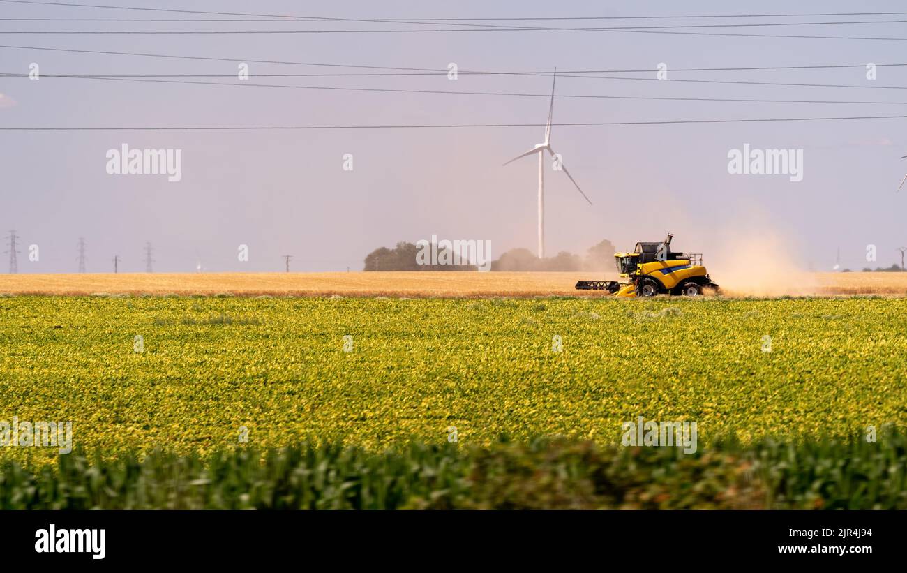 Combine harvester working in a field with wind turbine Stock Photo - Alamy