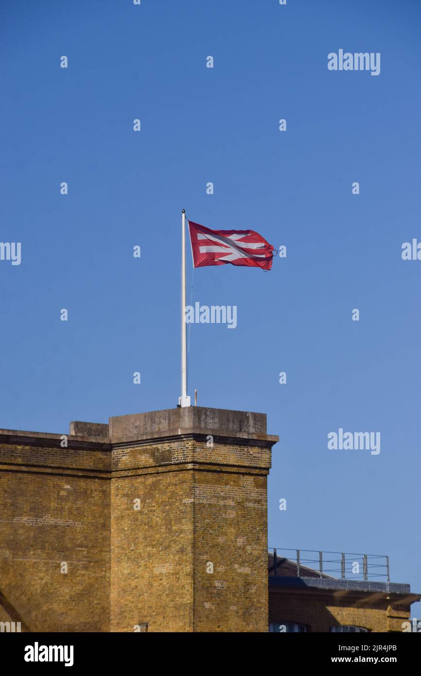London, UK. 19th August 2022. National Rail flag at King's Cross ...