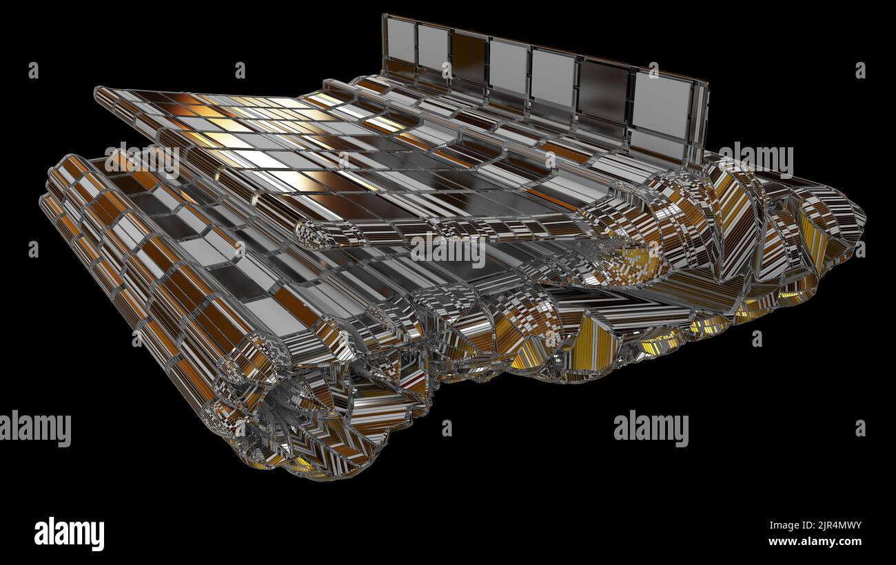 3D Illustration and conceptualization of a modern military tank. Gold ...