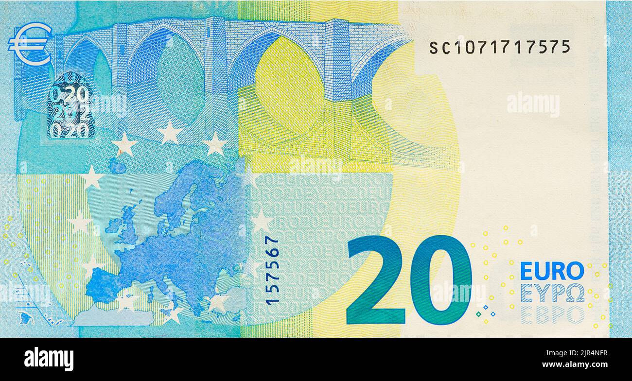 One twenty Euro bill. 20 euro banknote. The euro is the official ...