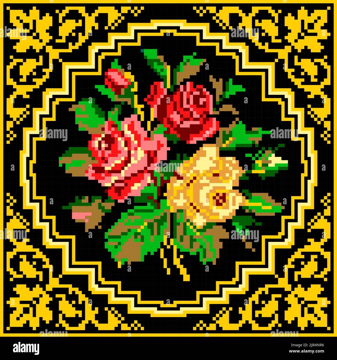 Bouquet of roses and ornamented border frame. Cross stitch pattern ...