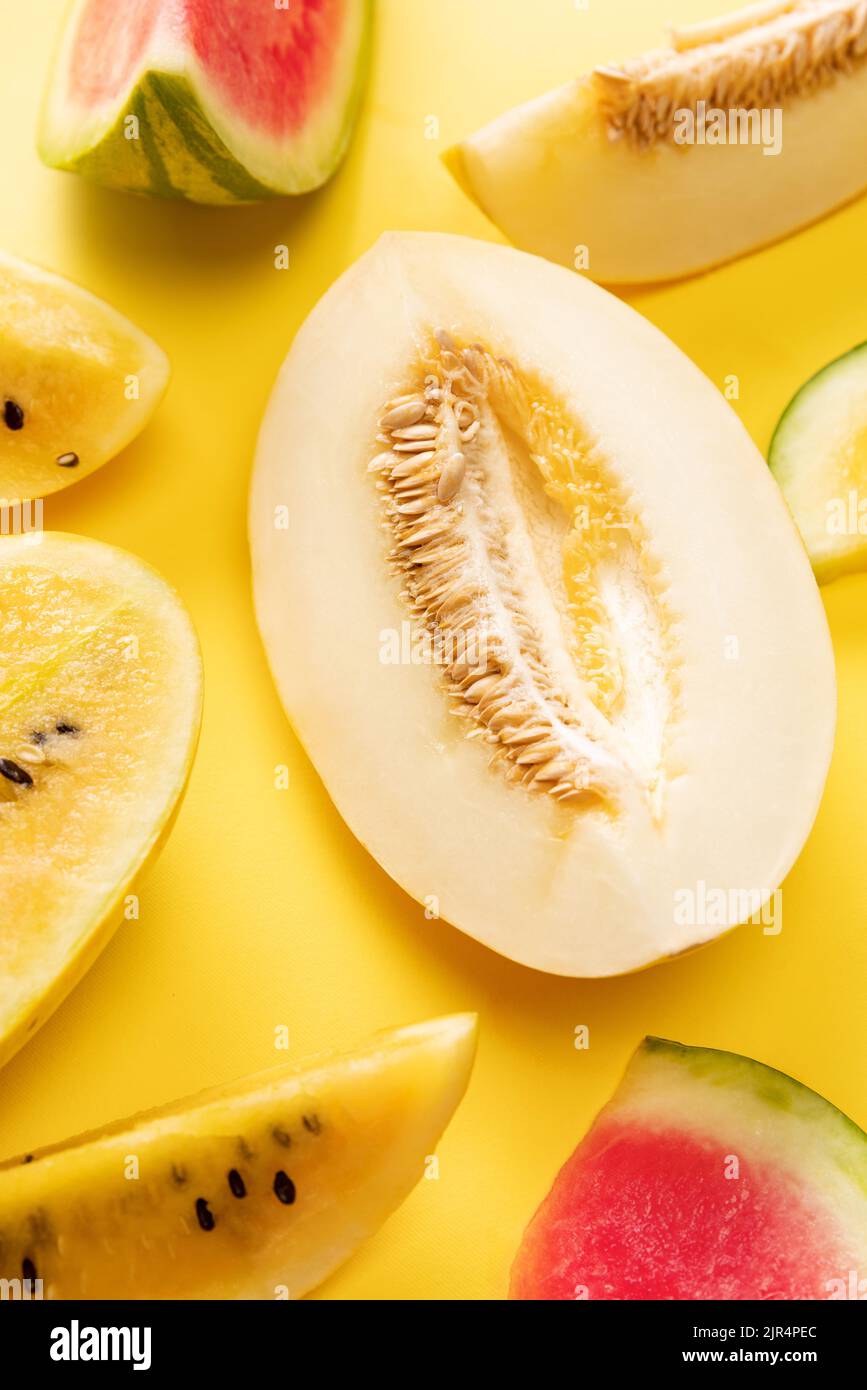 Healthy and tasty. Top view of ripe fresh watermelon and melon slices ...