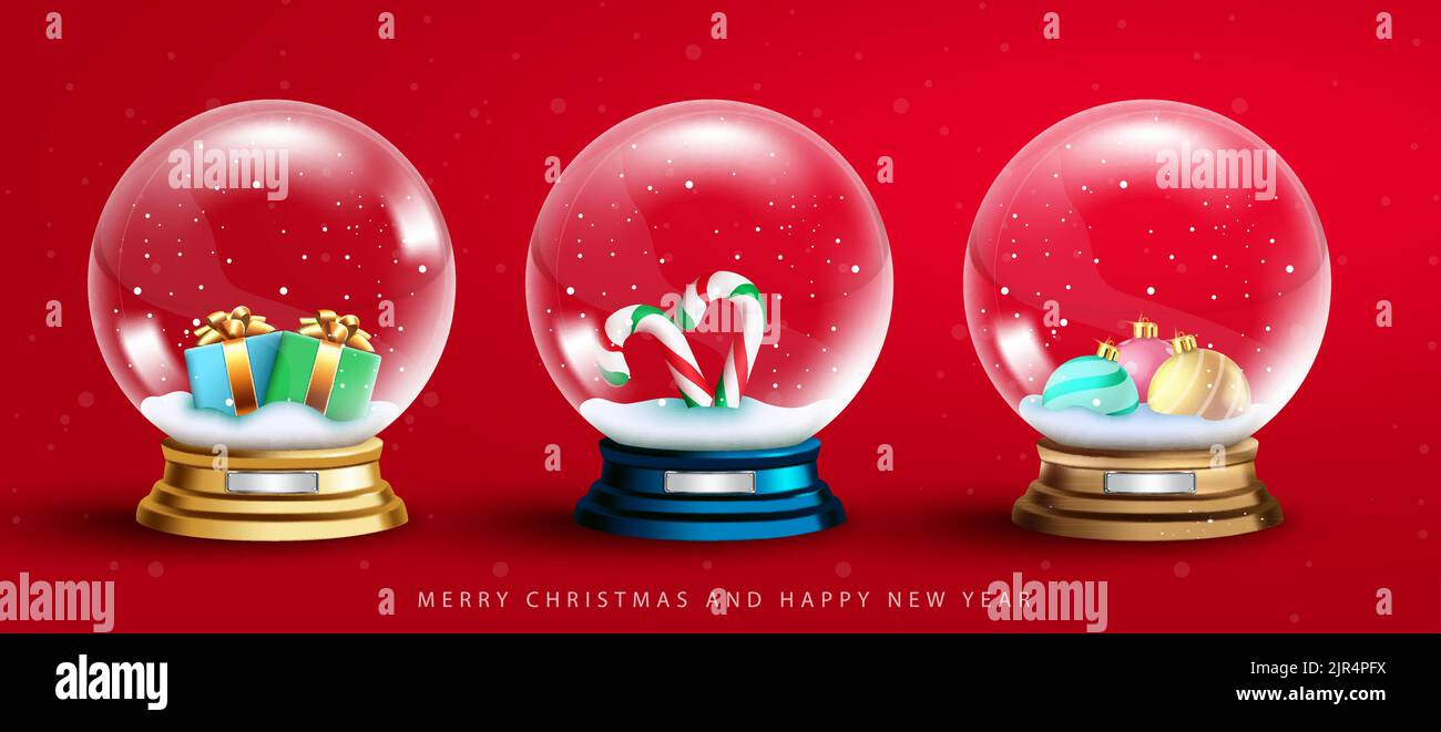 Christmas crystal ball vector set. 3d realistic snow balls with gifts ...