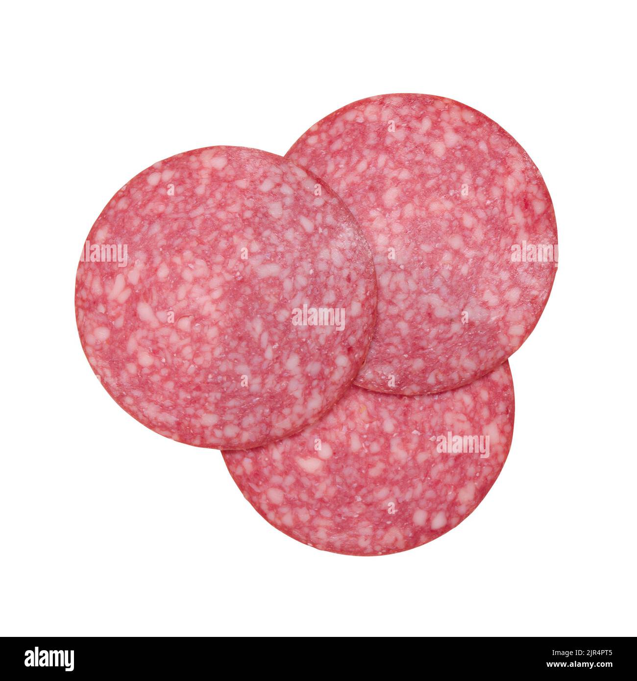 Three slices of pork salami isolated on white with cipping path. Shot from above cut out Stock ...
