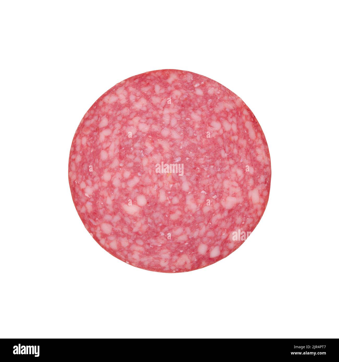 Single slice of pork salami from above, isolated on white with clipping ...