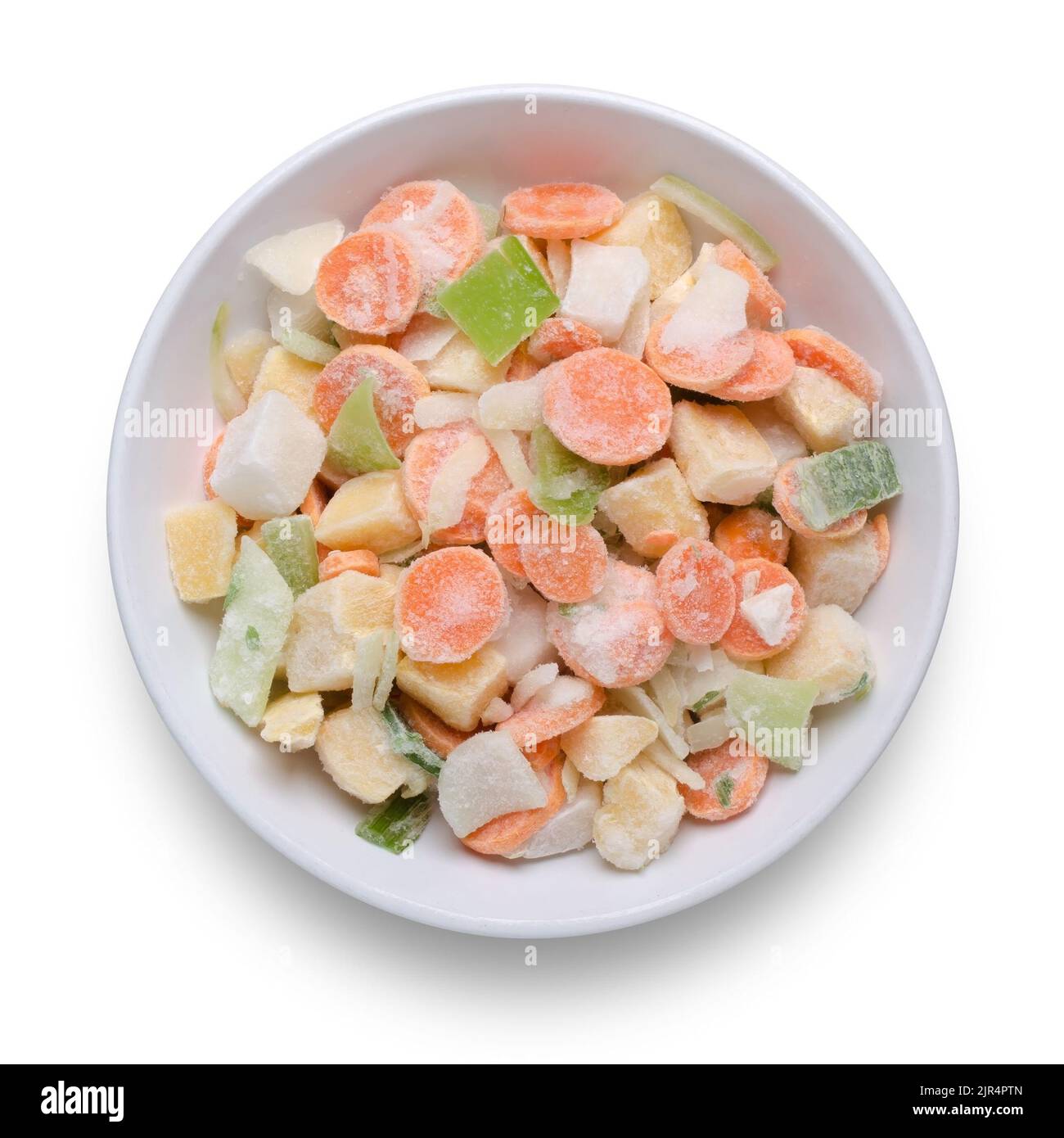 Bowl of frozen mixed vegetables shot from above isolated on white with ...