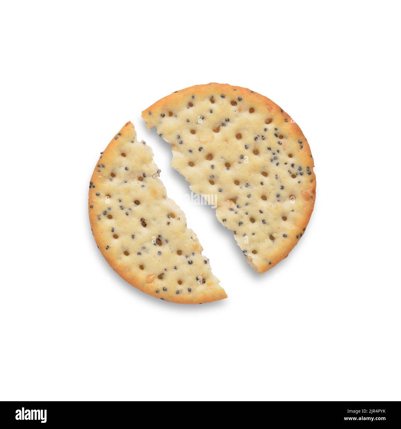 Broken poppy and sesame seed cracker isolated on white background, shot ...