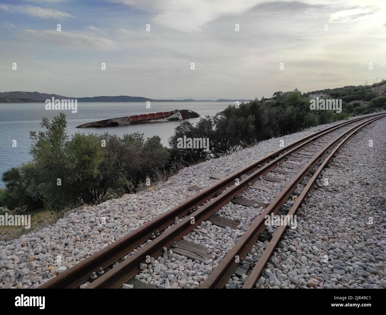 a photo of the shipwreck at PEOAK Greece taken from the railway track ...