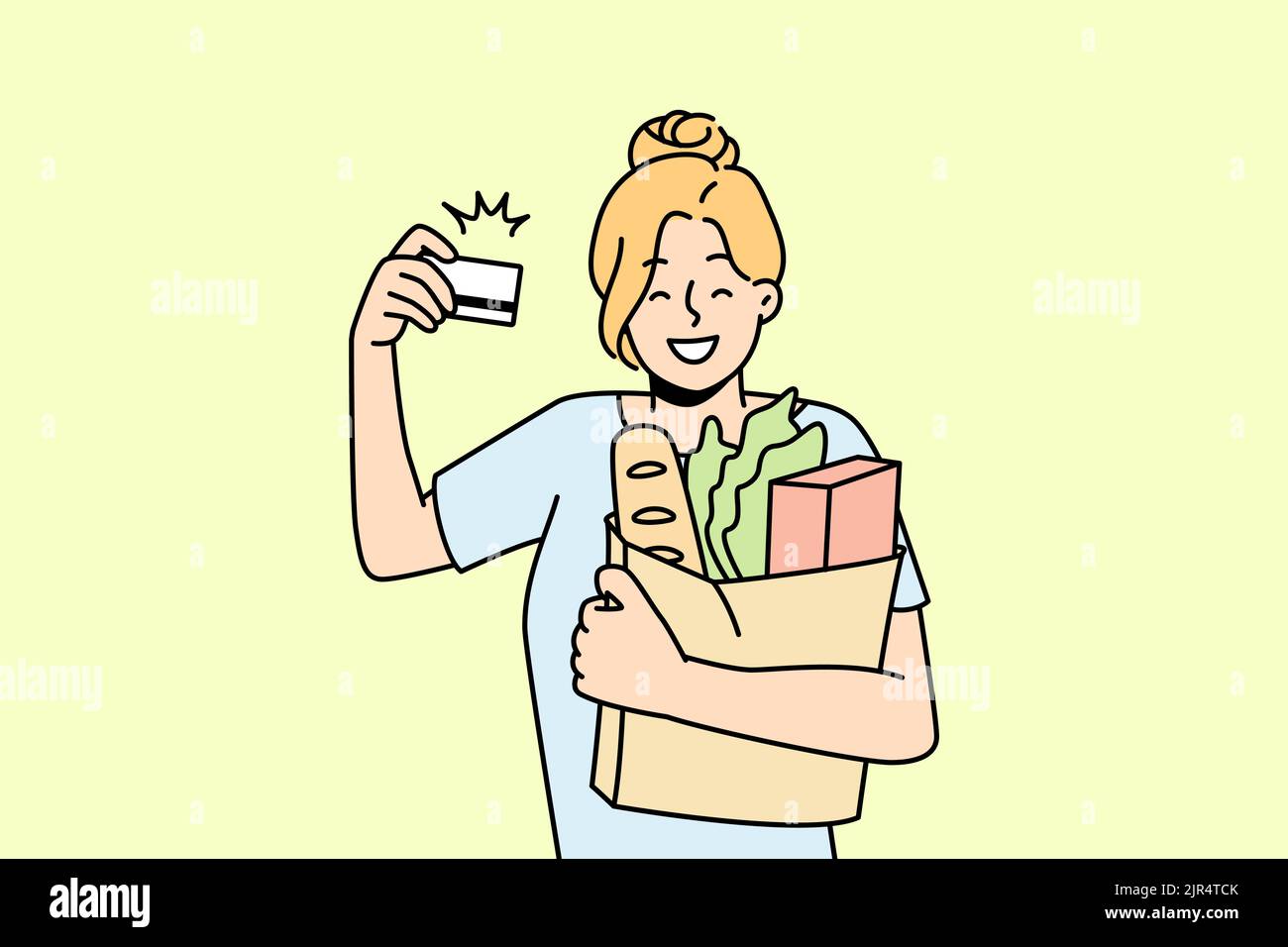 Smiling woman customer shopping in supermarket with credit card. Happy ...