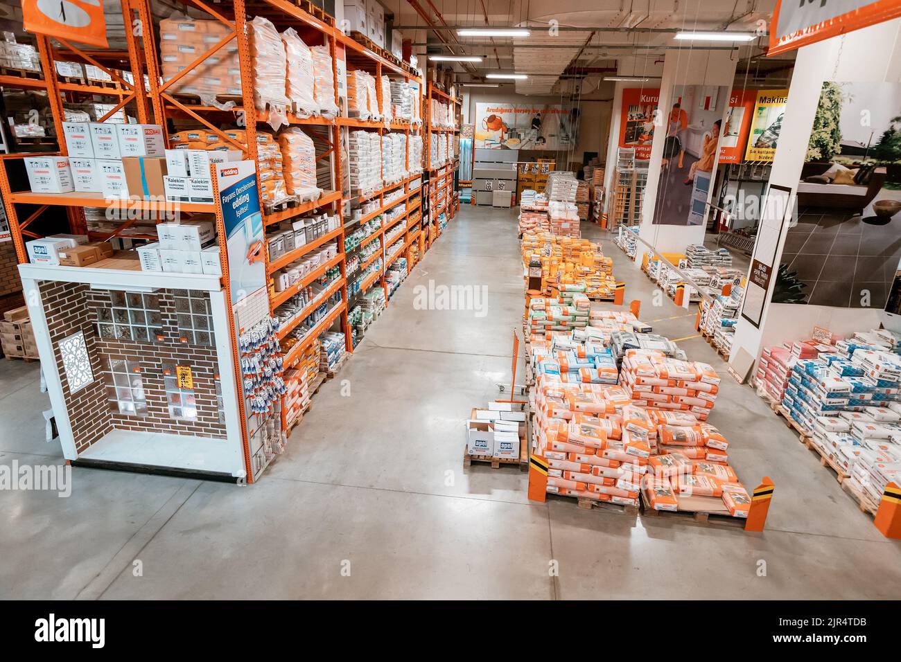 27 June 2022, Antalya, Turkey: Bags with dry plaster, cement and ...