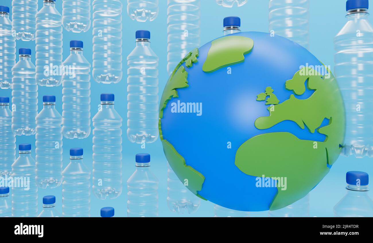 Earth globe with empty plastic bottles. Global plastic pollution ...