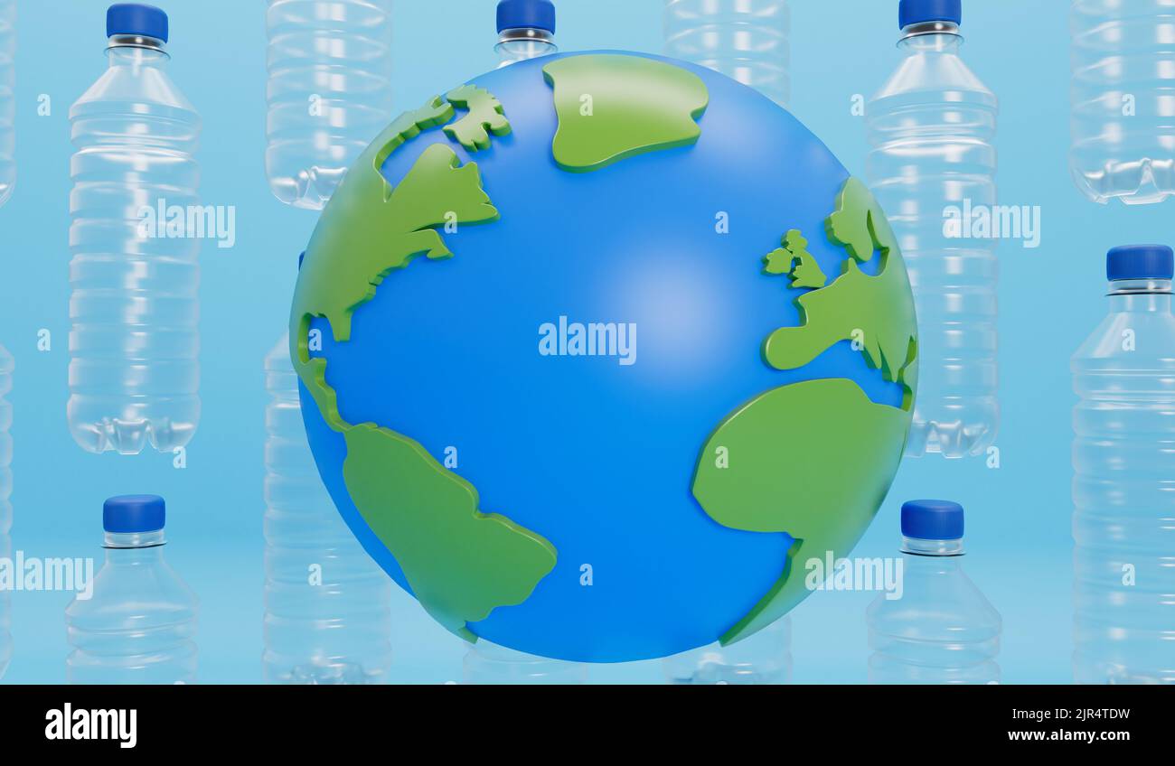 Earth globe with empty plastic bottles. Global plastic pollution ...