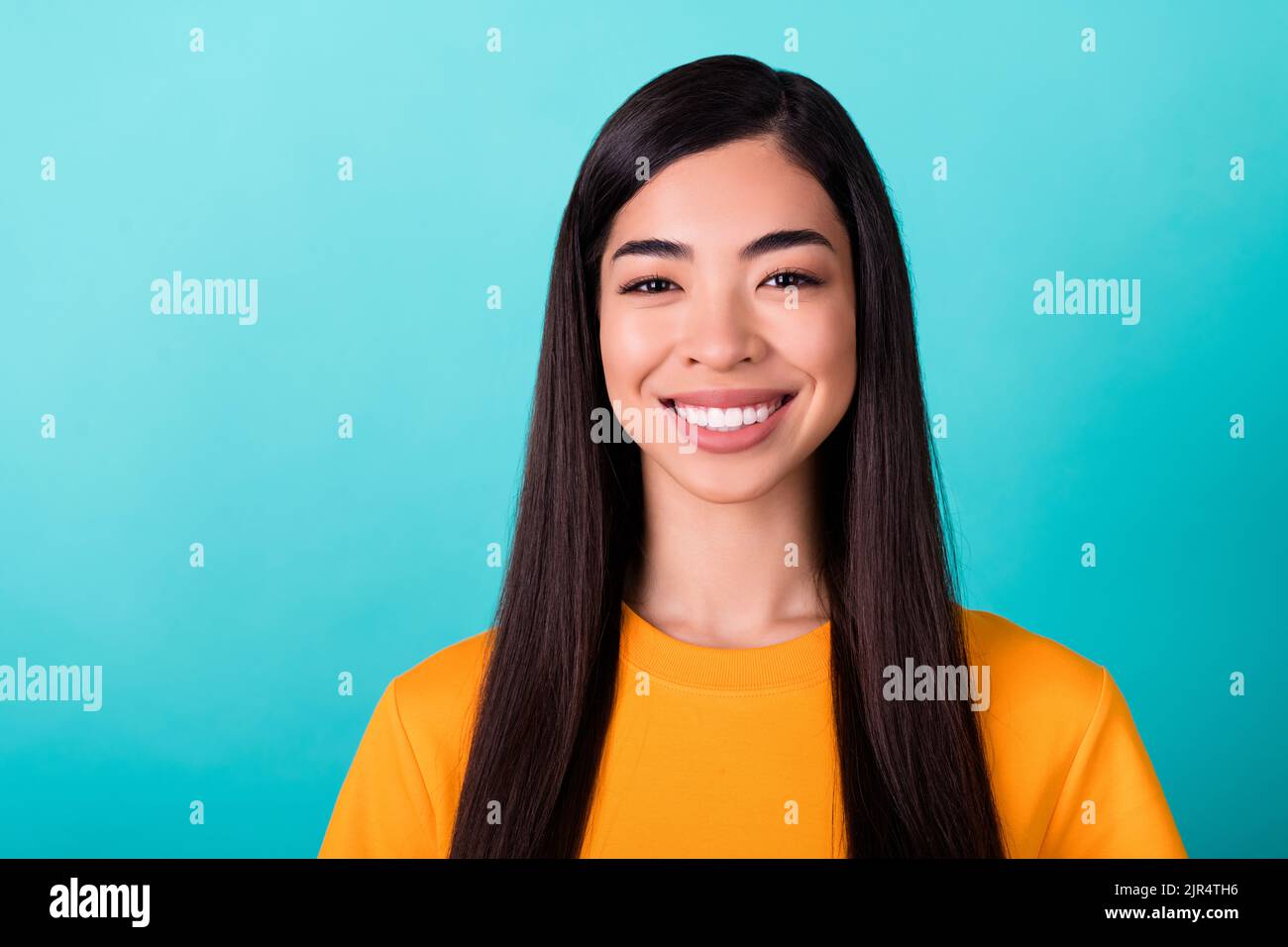 Photo of pretty adorable gorgeous woman with long hairstyle wear yellow ...