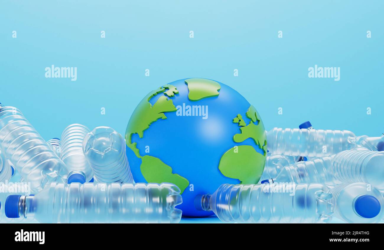 Earth globe with empty plastic bottles. Global plastic pollution ...