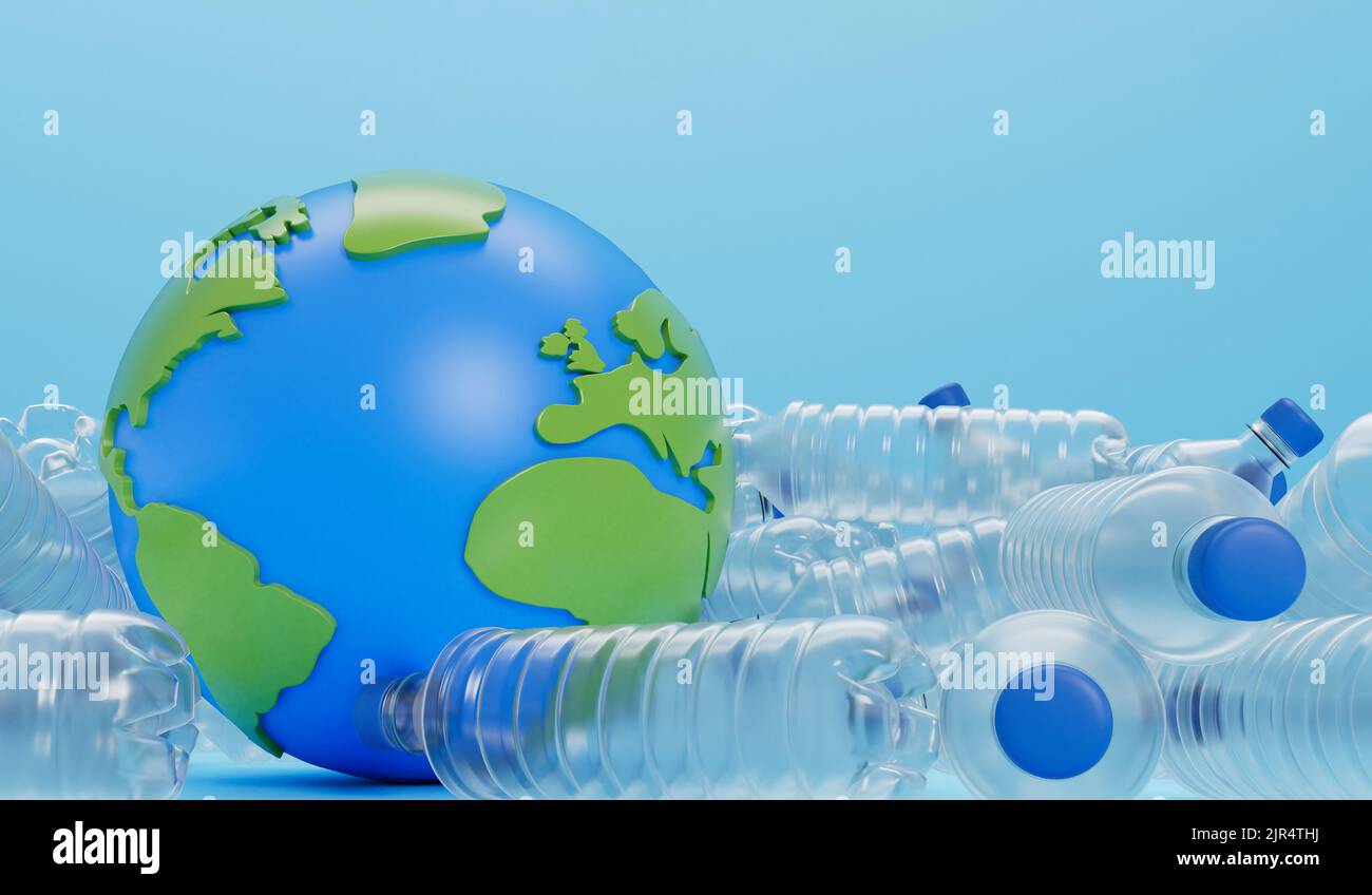 Earth globe with empty plastic bottles. Global plastic pollution ...