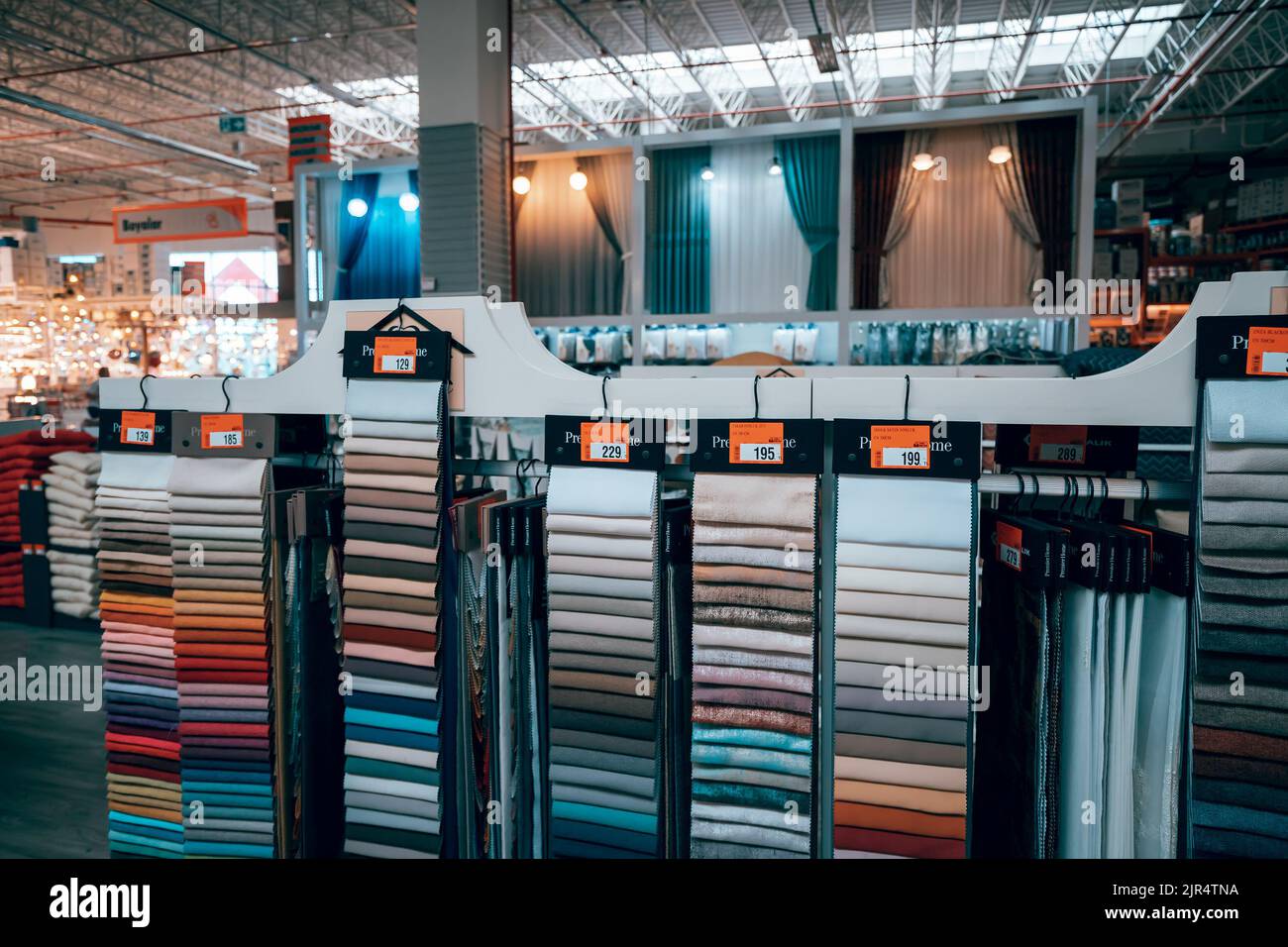 27 June 2022, Antalya, Turkey: Curtains and fabric and textile samples ...