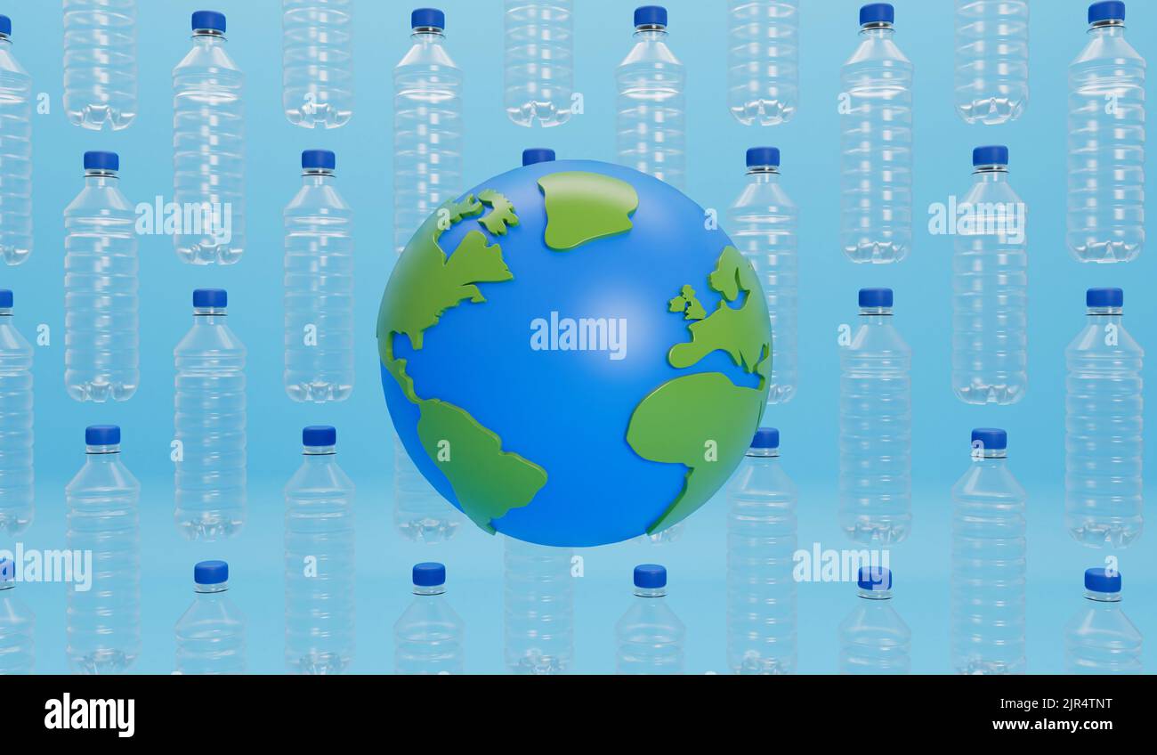 Earth globe with empty plastic bottles. Global plastic pollution ...